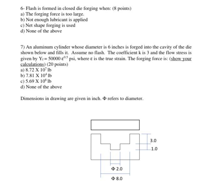 Solved 6- Flash is formed in closed die forging when: (8 | Chegg.com