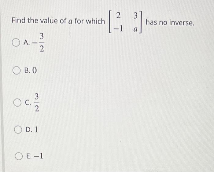 Solved Find the value of a for which [2−13a] has no inverse. | Chegg.com