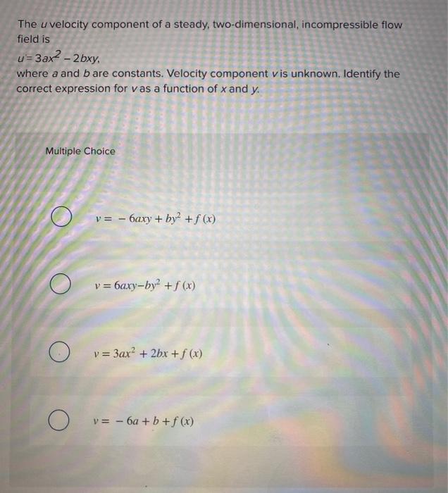 Solved The u velocity component of a steady, | Chegg.com