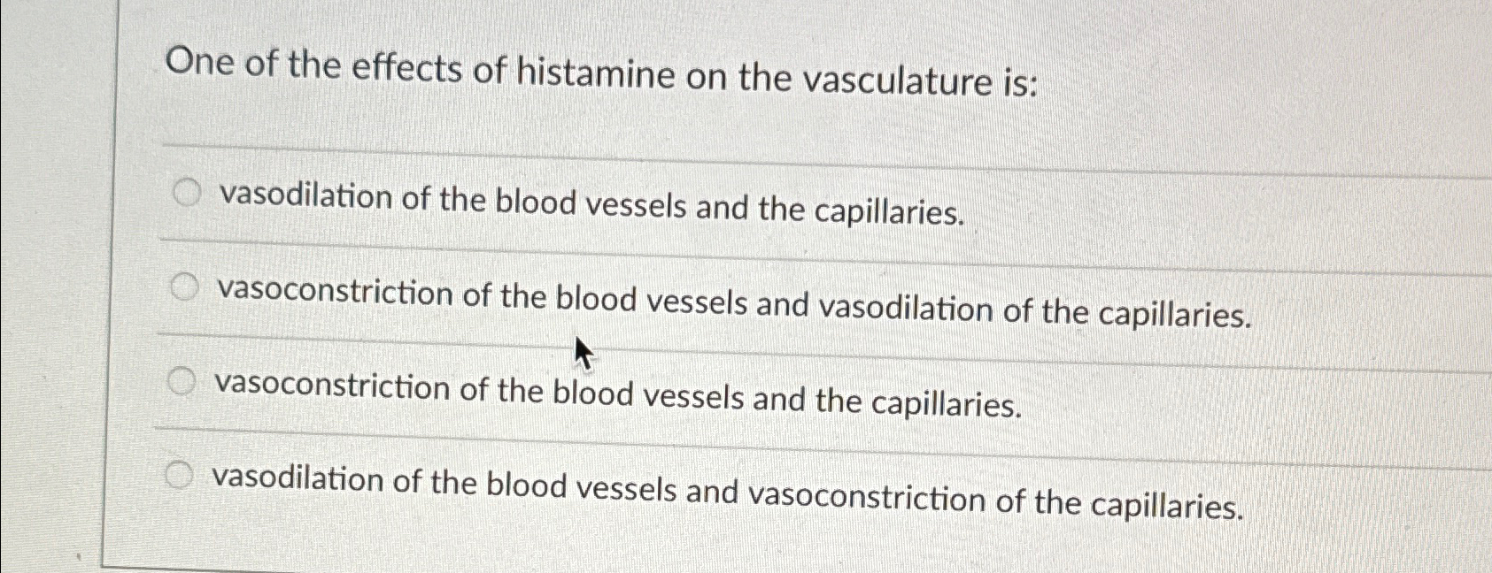 Solved One of the effects of histamine on the vasculature | Chegg.com
