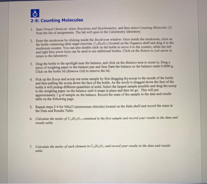 KO 2-9: Counting Molecules 1. Start Virtual ChemLab, | Chegg.com