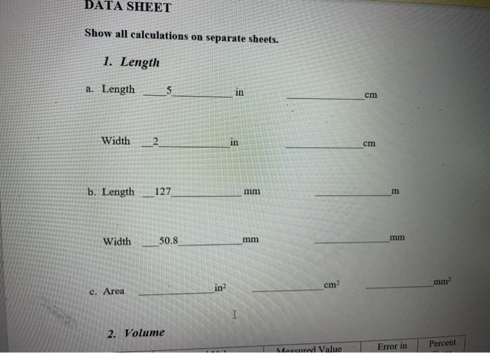 Solved DATA SHEET Show all calculations on separate sheets. | Chegg.com