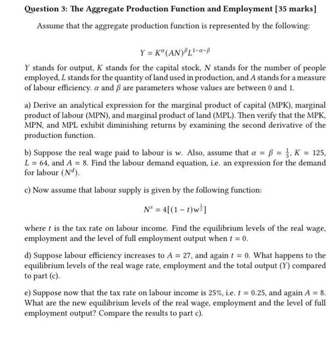 Solved Question 3: The Aggregate Production Function and | Chegg.com