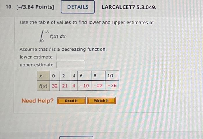Solved Use the table of values to find lower and upper | Chegg.com