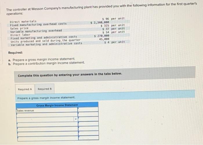 Solved The controller at Wesson Company's manufacturing | Chegg.com