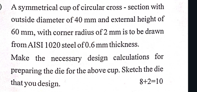 Solved A symmetrical cup of circular cross - ﻿section with | Chegg.com