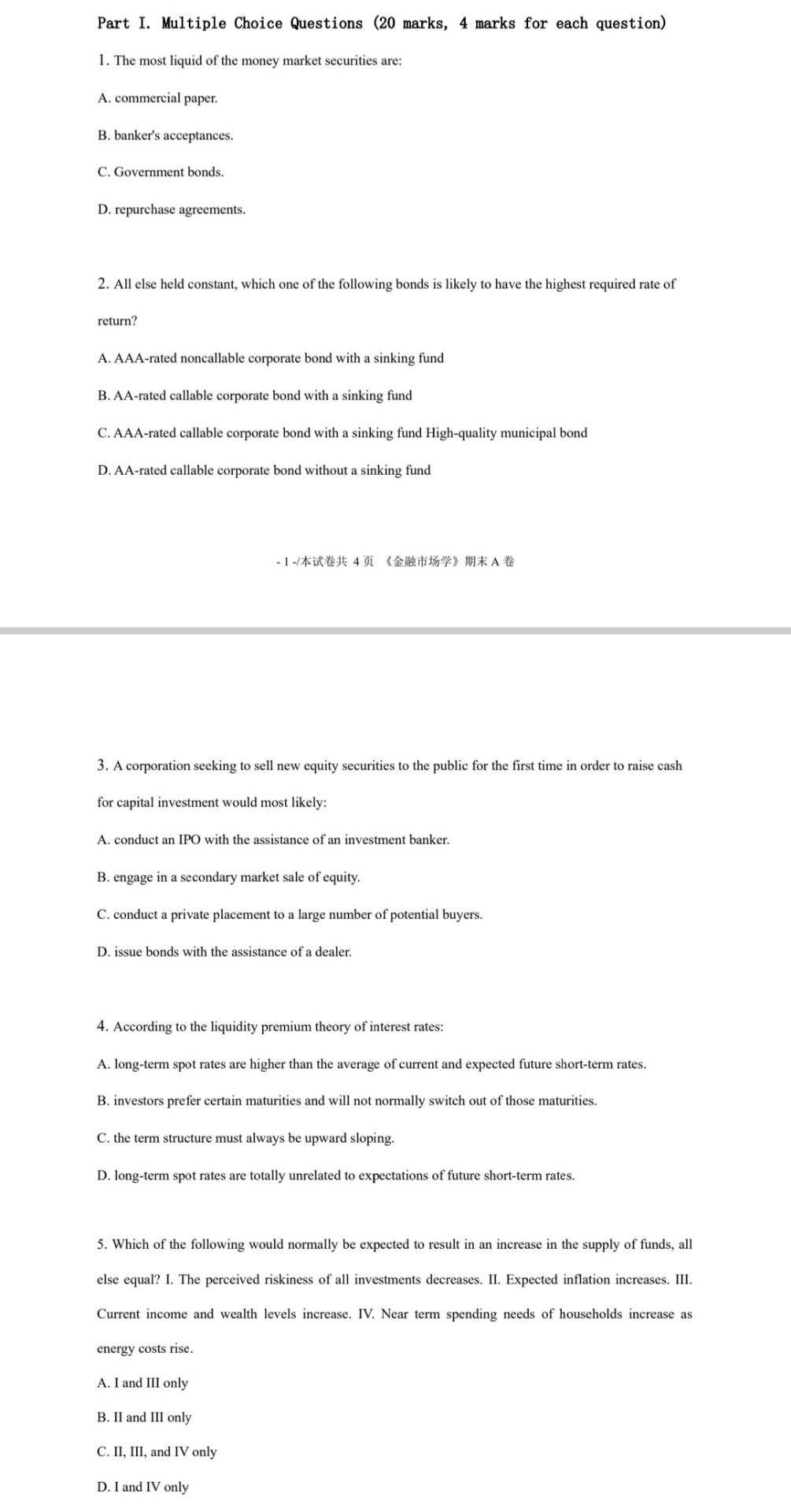 Part I. Multiple Choice Questions (20 marks, 4 marks | Chegg.com