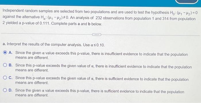 Solved Independent random samples are selected from two | Chegg.com