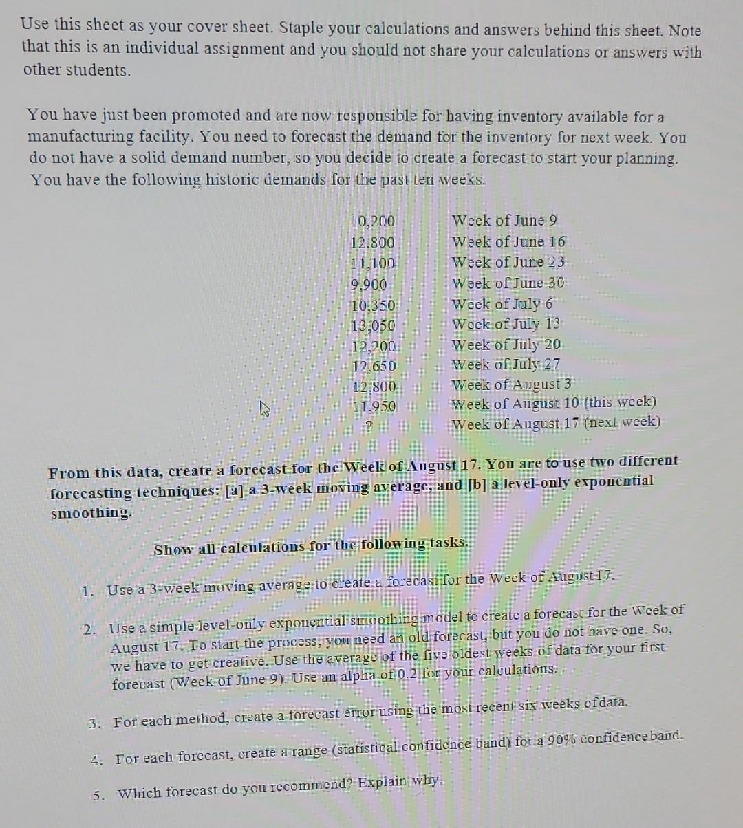 Solved Use this sheet as your cover sheet. Staple your | Chegg.com