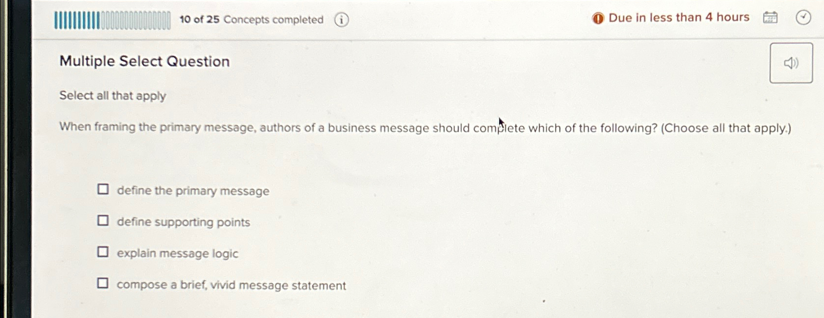 Solved 10 ﻿of 25 ﻿Concepts completed(i)(1) ﻿Due in less than | Chegg.com