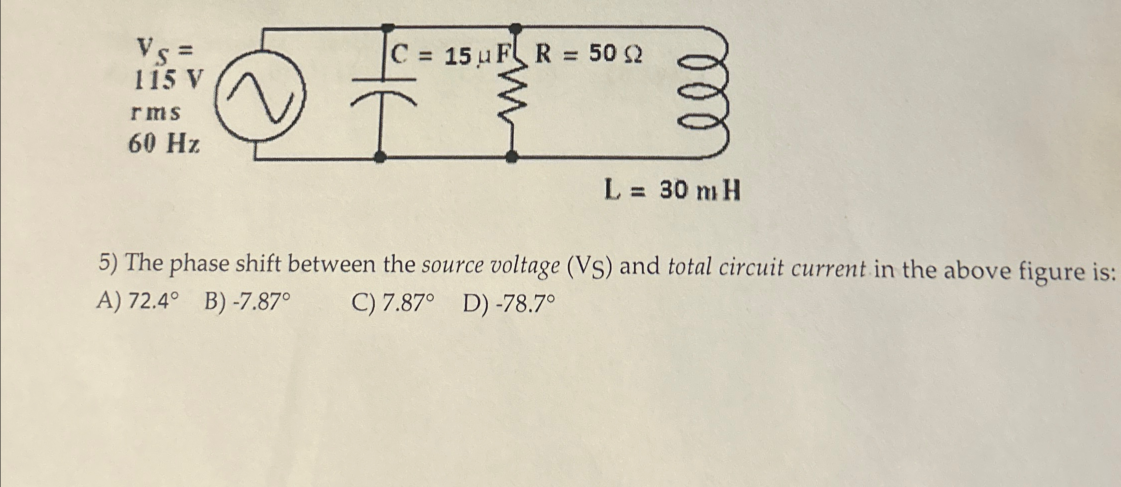 Solved The phase shift between the source voltage (VS) ﻿and | Chegg.com