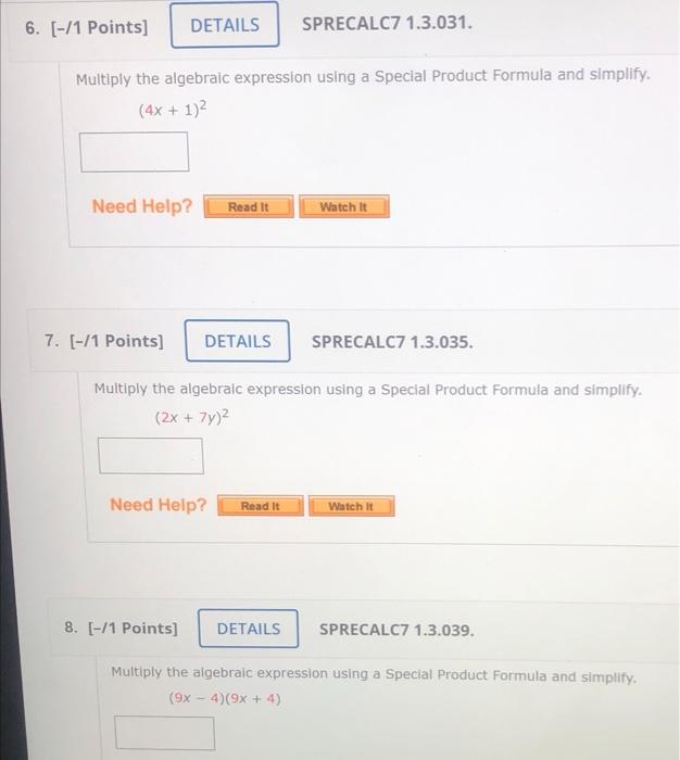 Solved Multiply the algebraic expression using a Special | Chegg.com