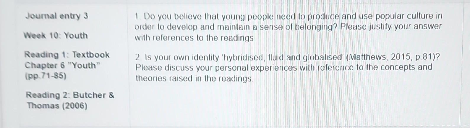 Journal entry 3 10: Youth Reading 1: Textbook Chapter | Chegg.com