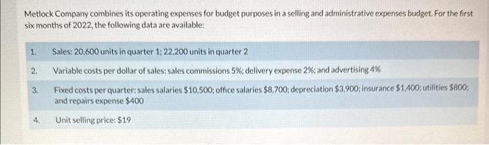 Solved Metlock Company combines its operating expenses for | Chegg.com