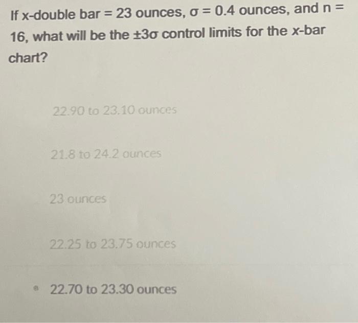 Solved If x-double bar =23 ounces, σ=0.4 ounces, and n= 16 , | Chegg.com