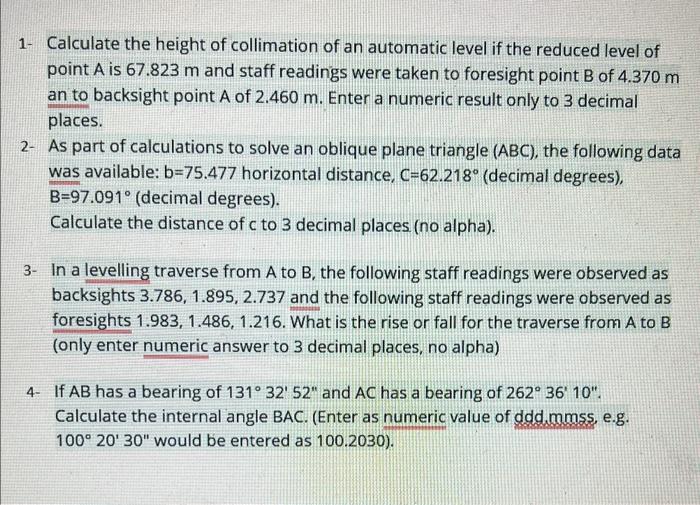 Solved 1- Calculate the height of collimation of an | Chegg.com
