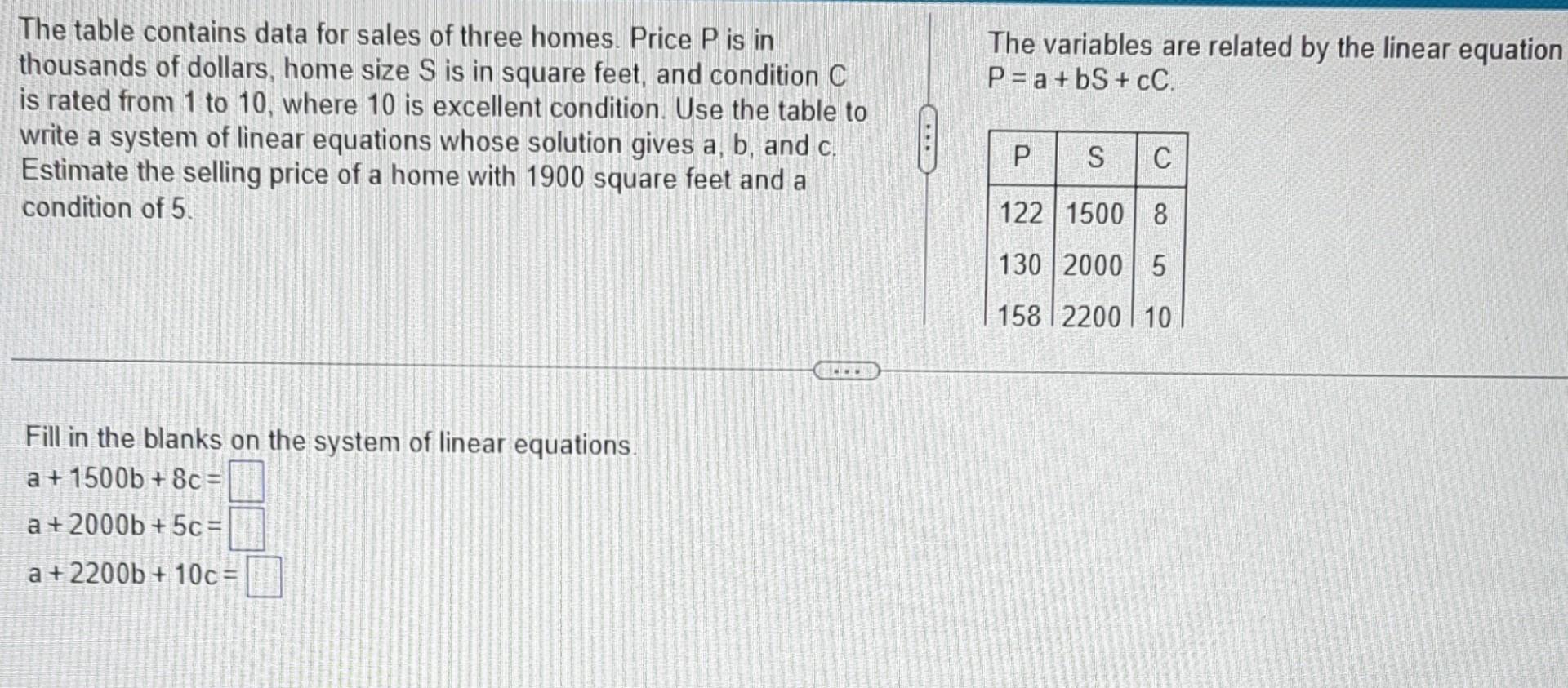 Solved The table contains data for sales of three homes. | Chegg.com