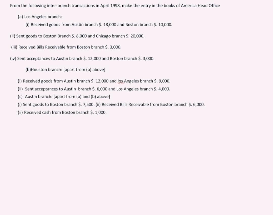 Solved From the following inter-branch transactions in April | Chegg.com