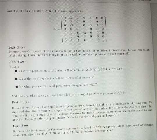 Linear Algebra Project: Urban Population Dynamics | Chegg.com