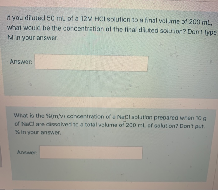 Solved If you diluted 50 mL of a 12M HCl solution to a final | Chegg.com
