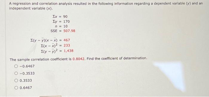 Solved A regression and correlation analysis resulted in the | Chegg.com