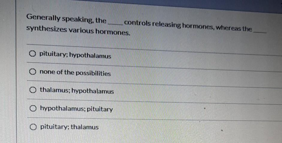 Solved Generally speaking, the controls releasing hormones, | Chegg.com