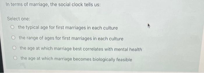 Solved In terms of marriage, the social clock tells us: | Chegg.com