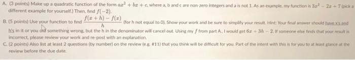 Solved A. (3 points) Make up a quadratic function of the | Chegg.com