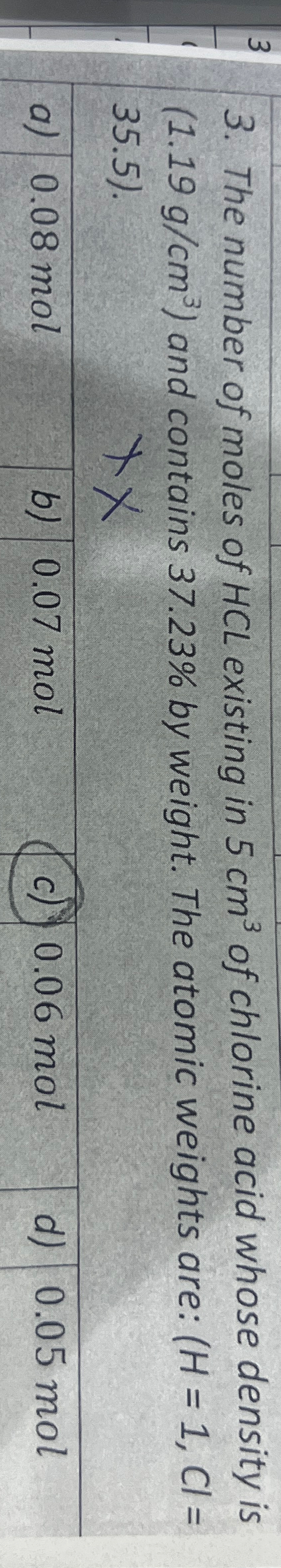 Solved The number of moles of HCL existing in 5cm3 ﻿of | Chegg.com