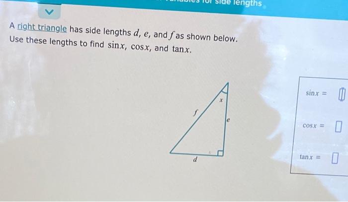 Solved lengths A right triangle has side lengths d, e, and f | Chegg.com