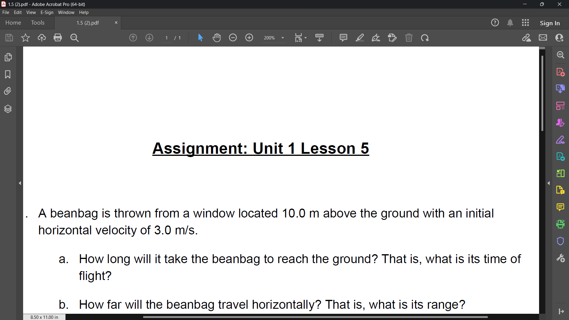 Solved Assignment: Unit 1 ﻿Lesson 5A beanbag is thrown from | Chegg.com