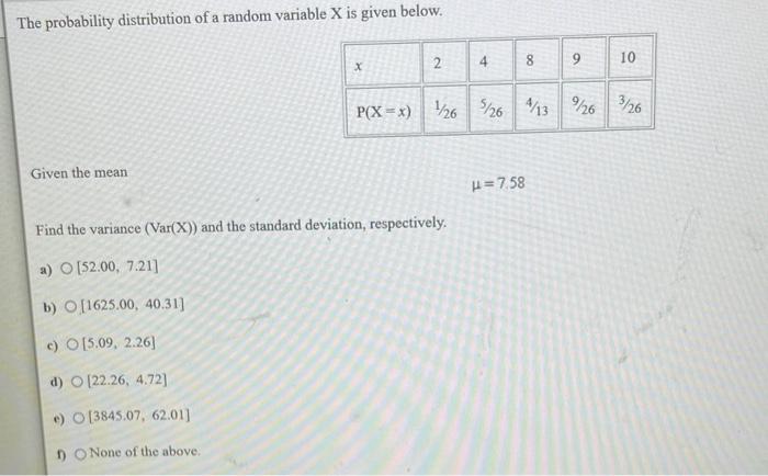 Solved The probability distribution of a random variable X | Chegg.com