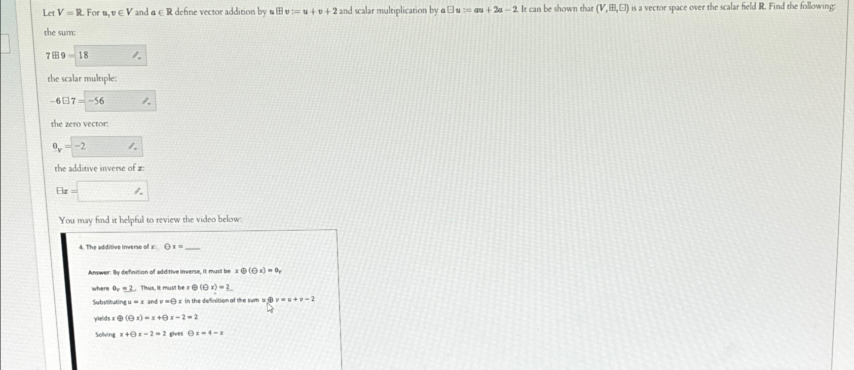 Solved the sum:7 田 9=the scalar multiple:-6 7=the zero | Chegg.com