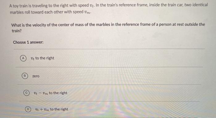 Solved A toy train is traveling to the right with speed vt. | Chegg.com