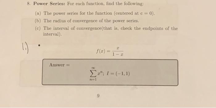 Solved 8. Power Series: For each function, find the | Chegg.com
