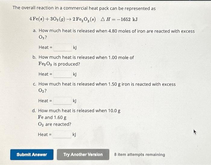 Solved The overall reaction in a commercial heat pack can be | Chegg.com