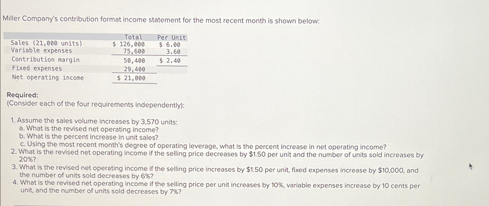 Solved Miller Companys Contribution Format Income Statement
