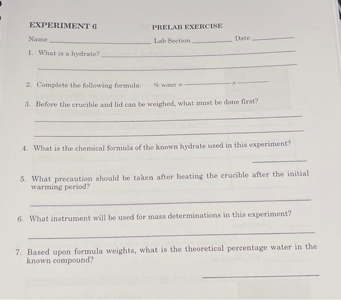 EXPERIMENT 6 Name 1. What is a hydrate?. PRELAB | Chegg.com