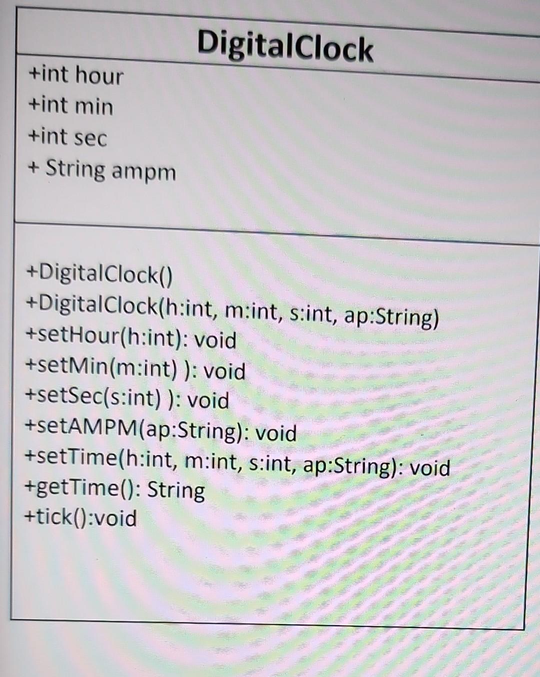 Digital Clock +int hour +int min +int sec + String | Chegg.com