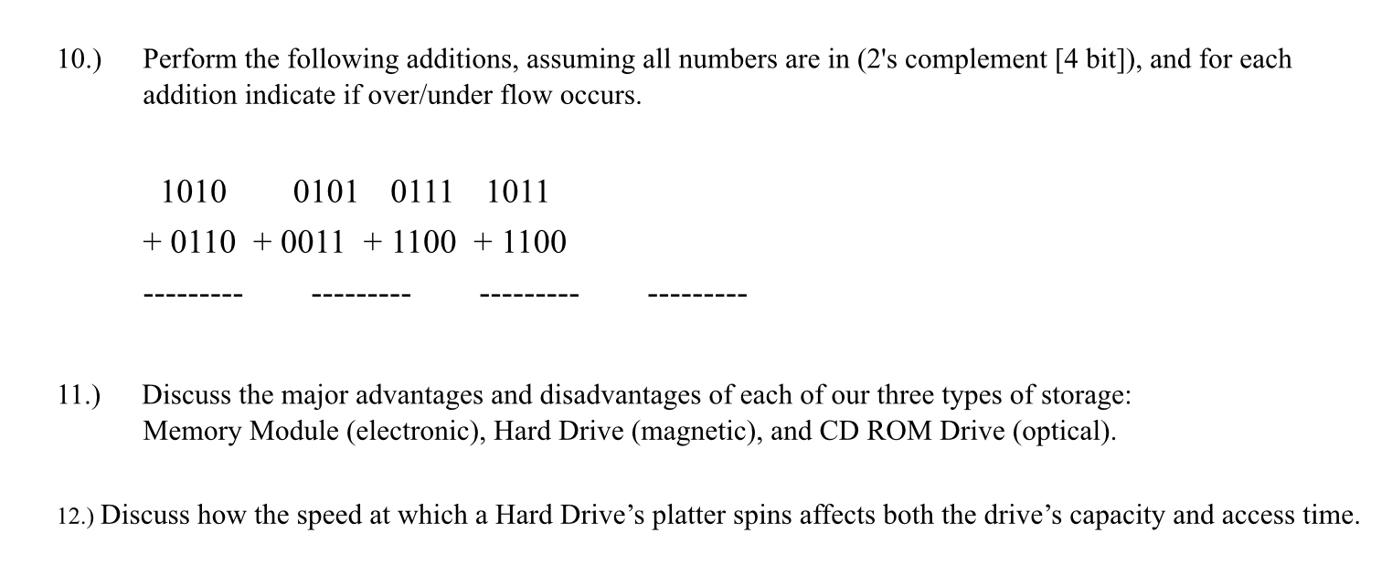 Solved 10.) ﻿Perform the following additions, assuming all | Chegg.com