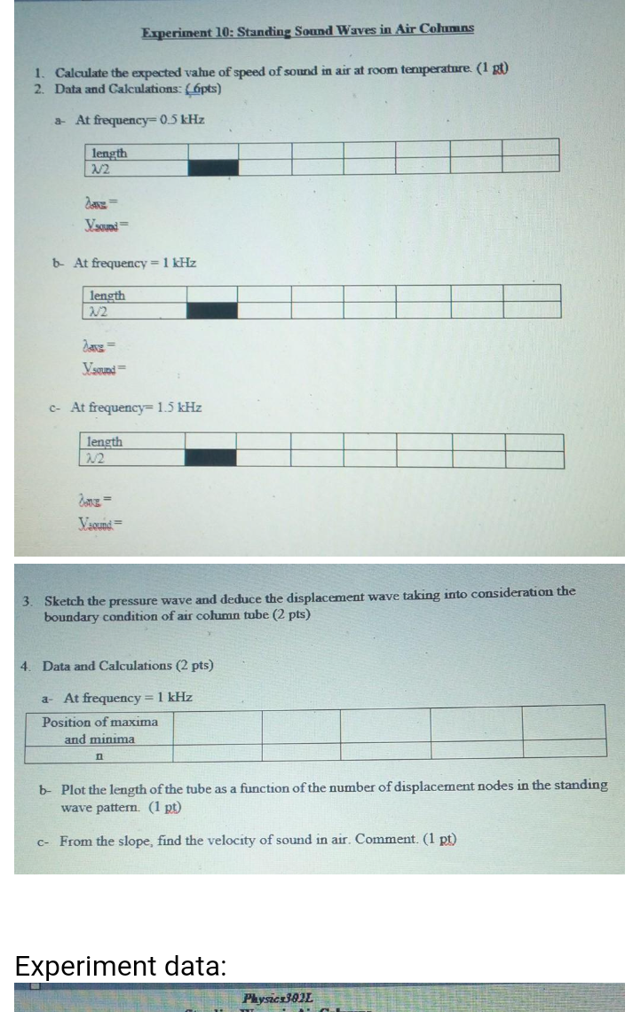 Experiment 10: Standing Sound Waves in Air Columns 1. | Chegg.com