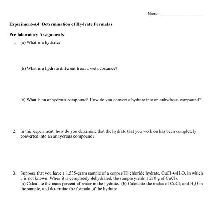 Solved Name: Experiment-A4: Determination of Hydrate | Chegg.com