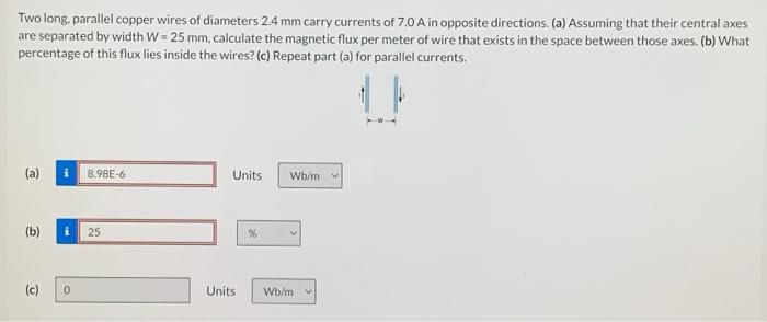 Solved Two long. parallel copper wires of diameters 2.4 mm | Chegg.com