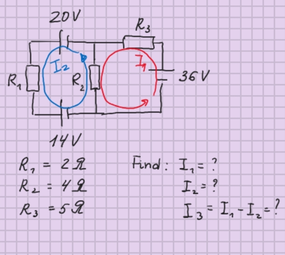 Solved R1=2Ω ﻿Find: :I1=R2=4Ω,I2=R3=5Ω,I3=I1-I2=help please | Chegg.com