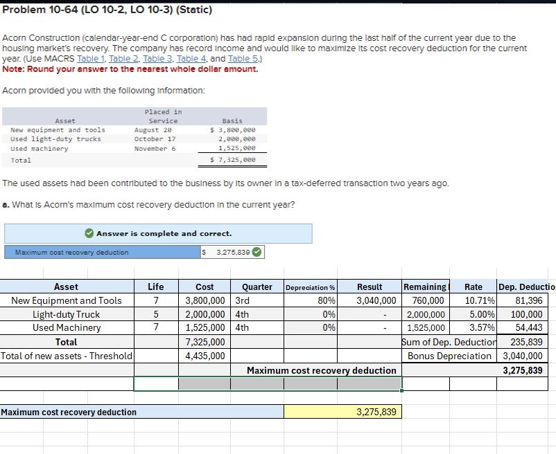 Solved Problem 10-64 (LO 10-2, ﻿LO 10-3) (Static)Acorn | Chegg.com