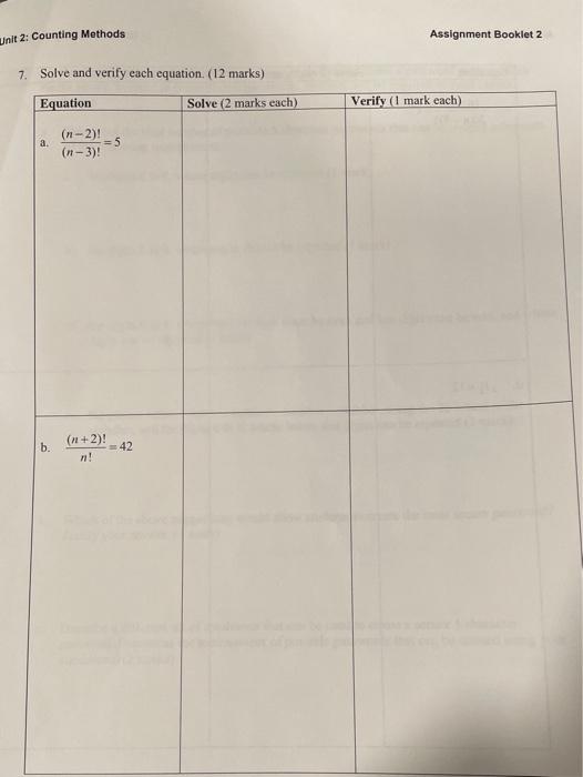 Solved Unit 2: Counting Methods Assignment Booklet 2 7. | Chegg.com