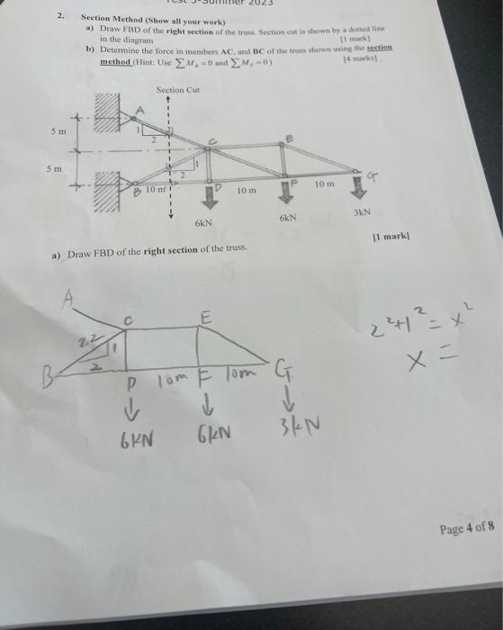 Solved 2. Section Method (Show all your work) a) Draw FBD of | Chegg.com