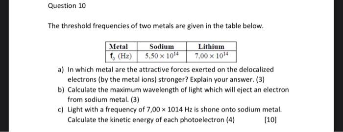 Solved The threshold frequencies of two metals are given in | Chegg.com