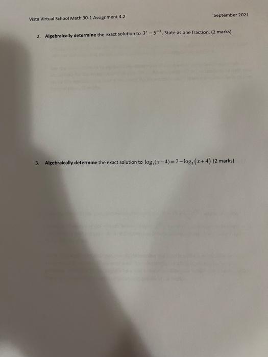 Solved Vista Virtual School Math 30-1 Assignment 4.21 | Chegg.com