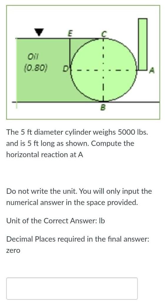 Solved The 5 ft diameter cylinder weighs 5000 lbs. and is 5 | Chegg.com